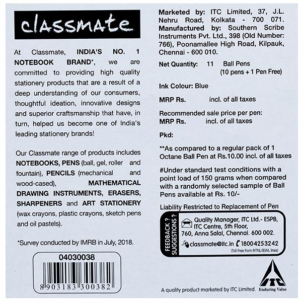 Buy Classmate Octane Colour Fest Blue Ball Pen (Free 1 Pen) Pack Of 10 ...