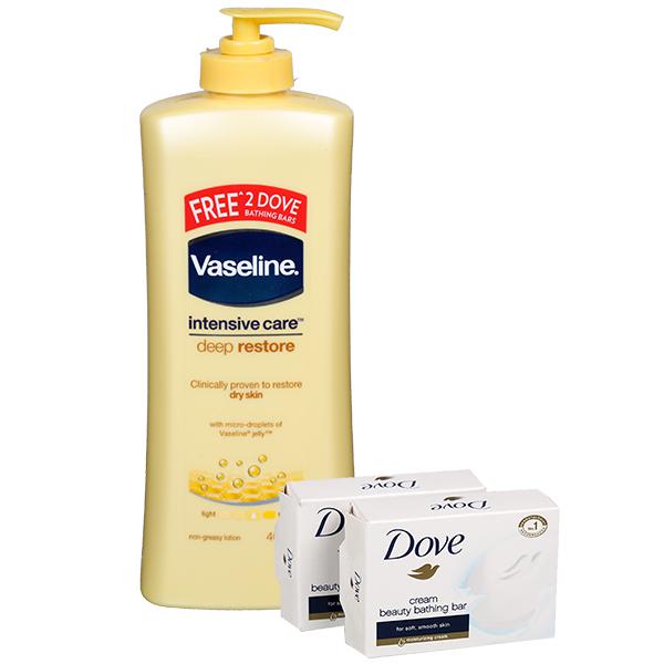 Vaseline Intensive Care Deep Restore Lotion (Free 2 x 50 g Dove Bar ...